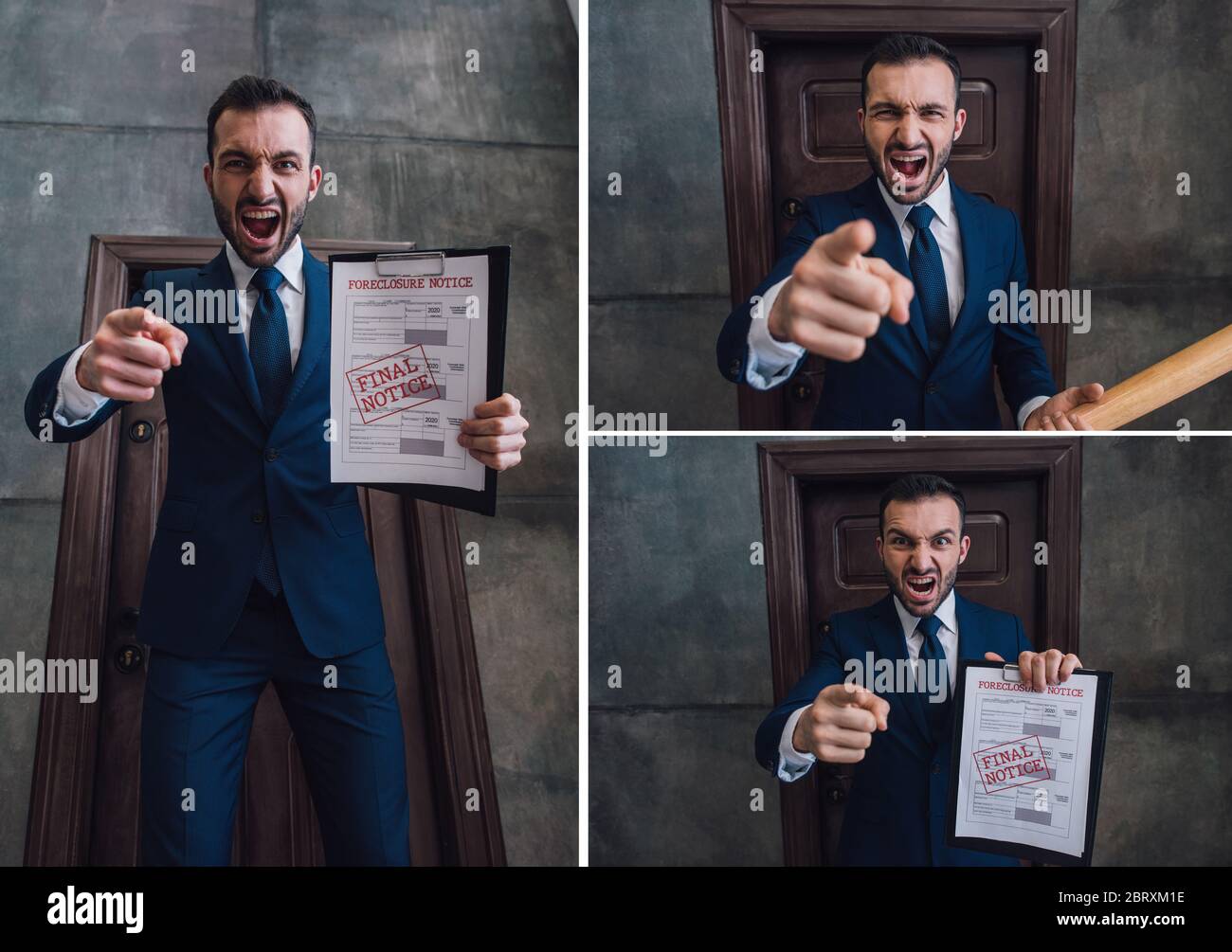 Collage of angry collector with baseball bat and documents with ...