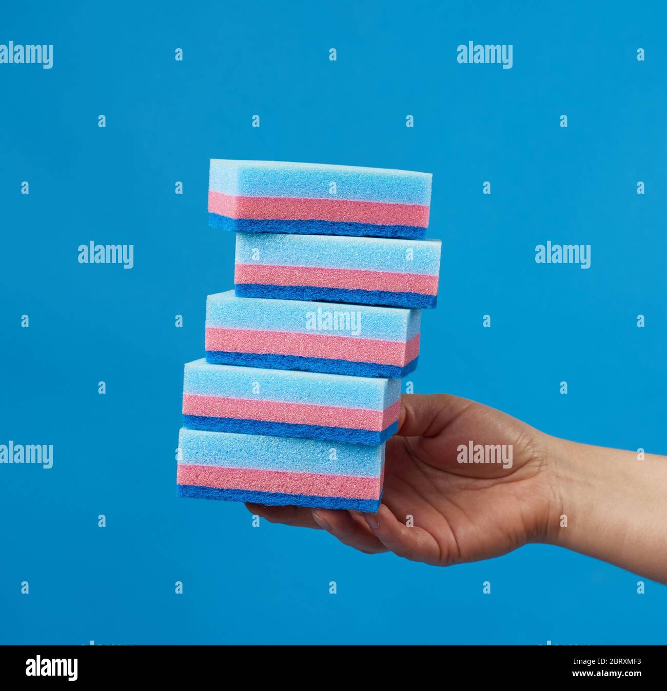 female hand holds blue stack kitchen sponges for washing dishes, part ...
