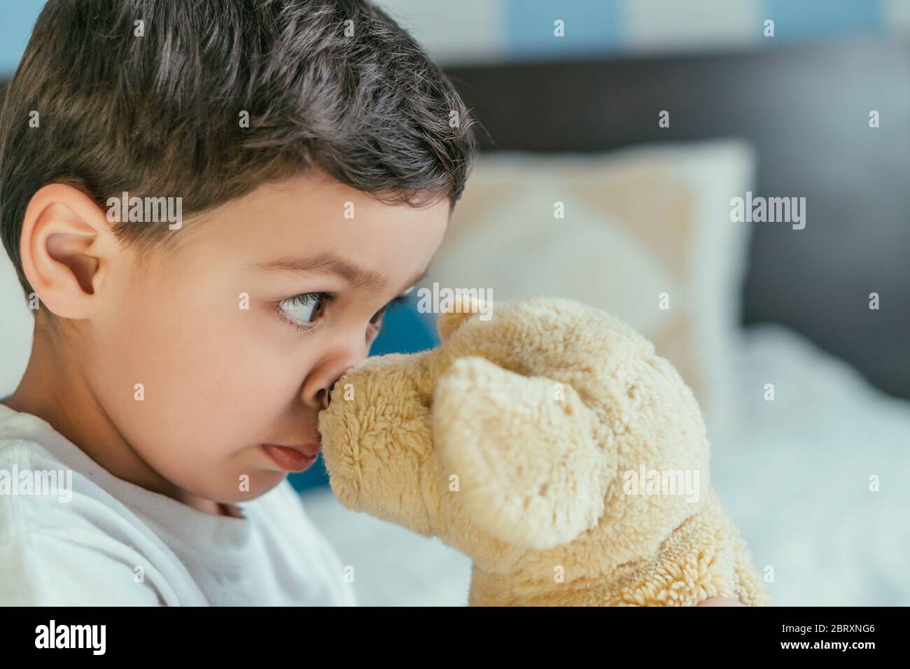 cute toddler boy holding soft toy near face Stock Photo - Alamy