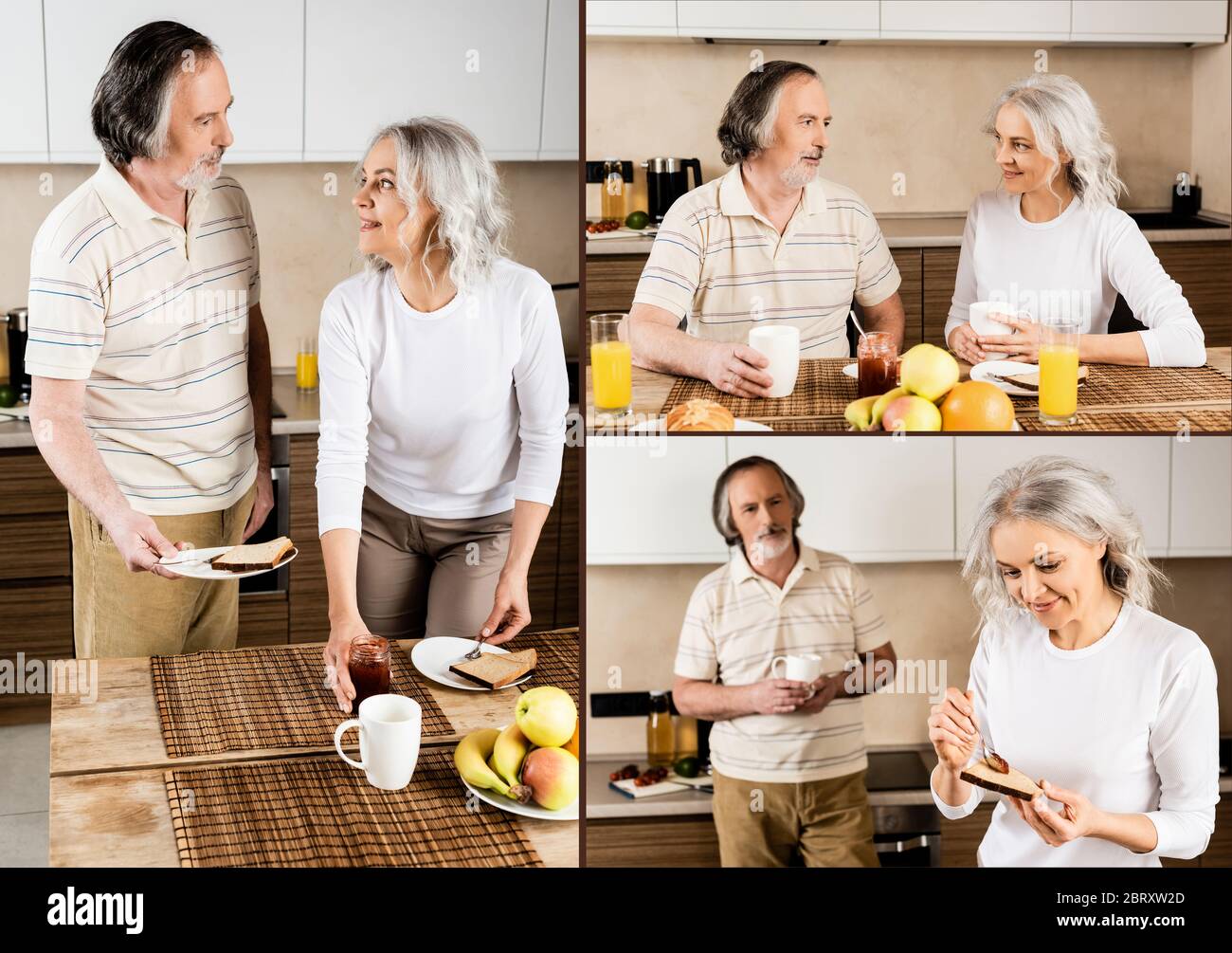collage of happy mature couple near tasty breakfast at home Stock Photo ...