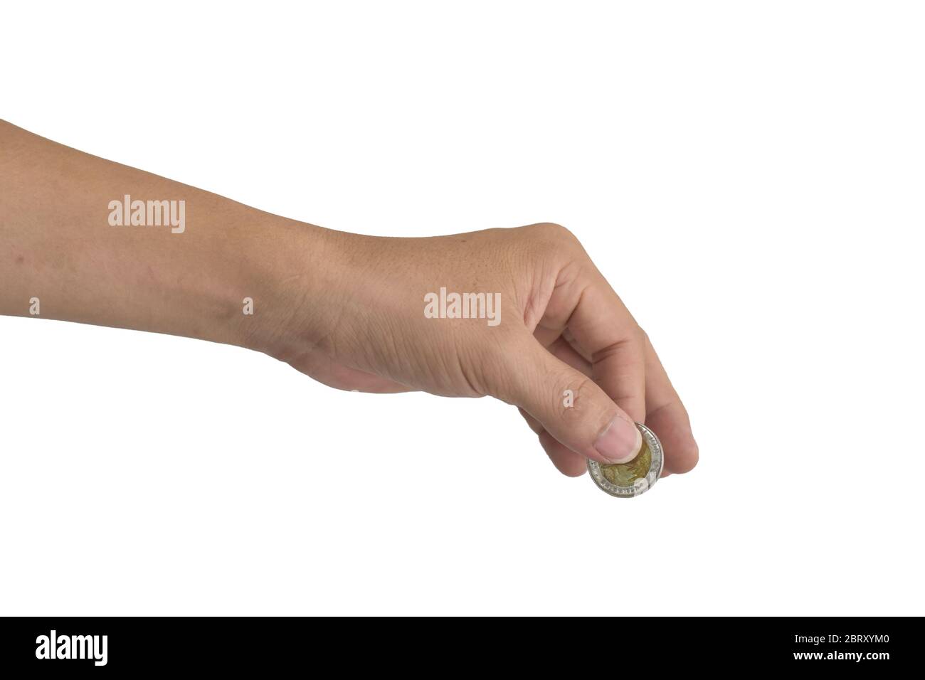 Male hand with coin isolated on white background. with clipping path ...