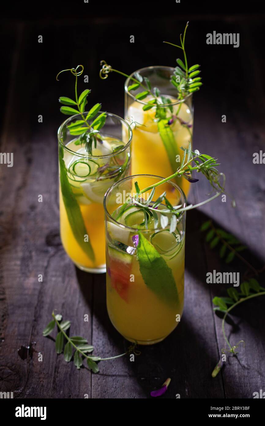 Fresh orange juice.Breakfast with vitamins.Drink on the old table ...