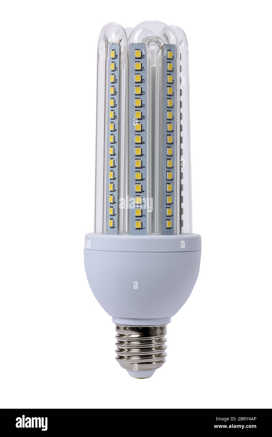 Led lamp with opaque glass bulb and E27 socket. White background Stock ...