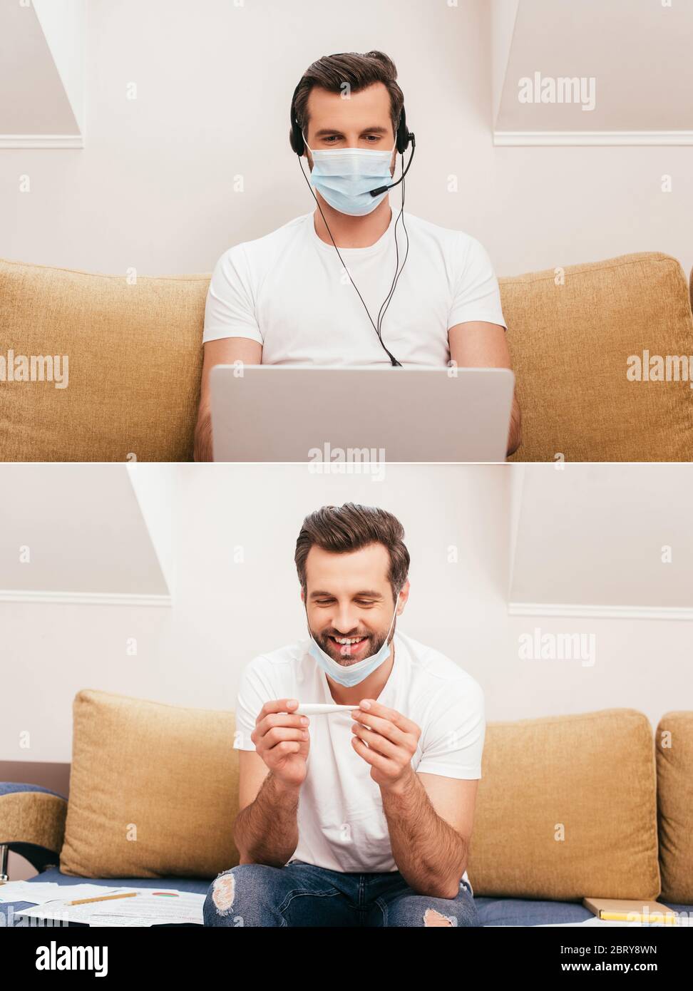 Collage of smiling man holding thermometer and working with headset and ...