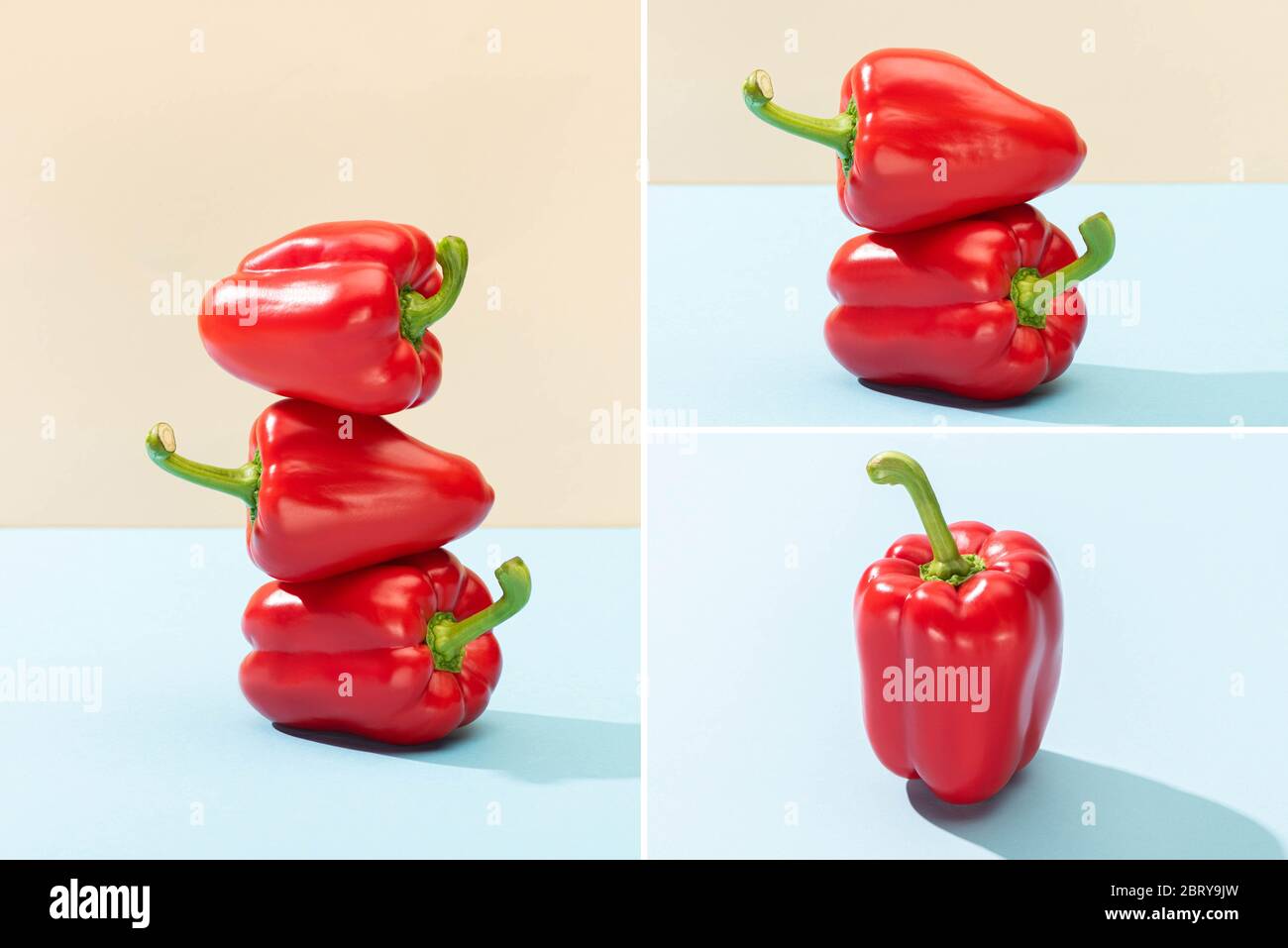 collage of fresh red bell peppers on blue surface isolated on beige ...