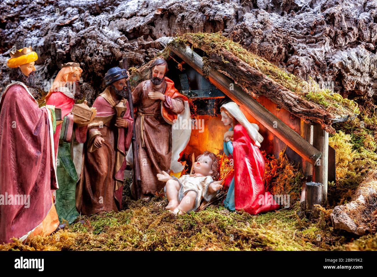 Close-up of the Christmas Nativity scene. Hut with baby Jesus in the ...