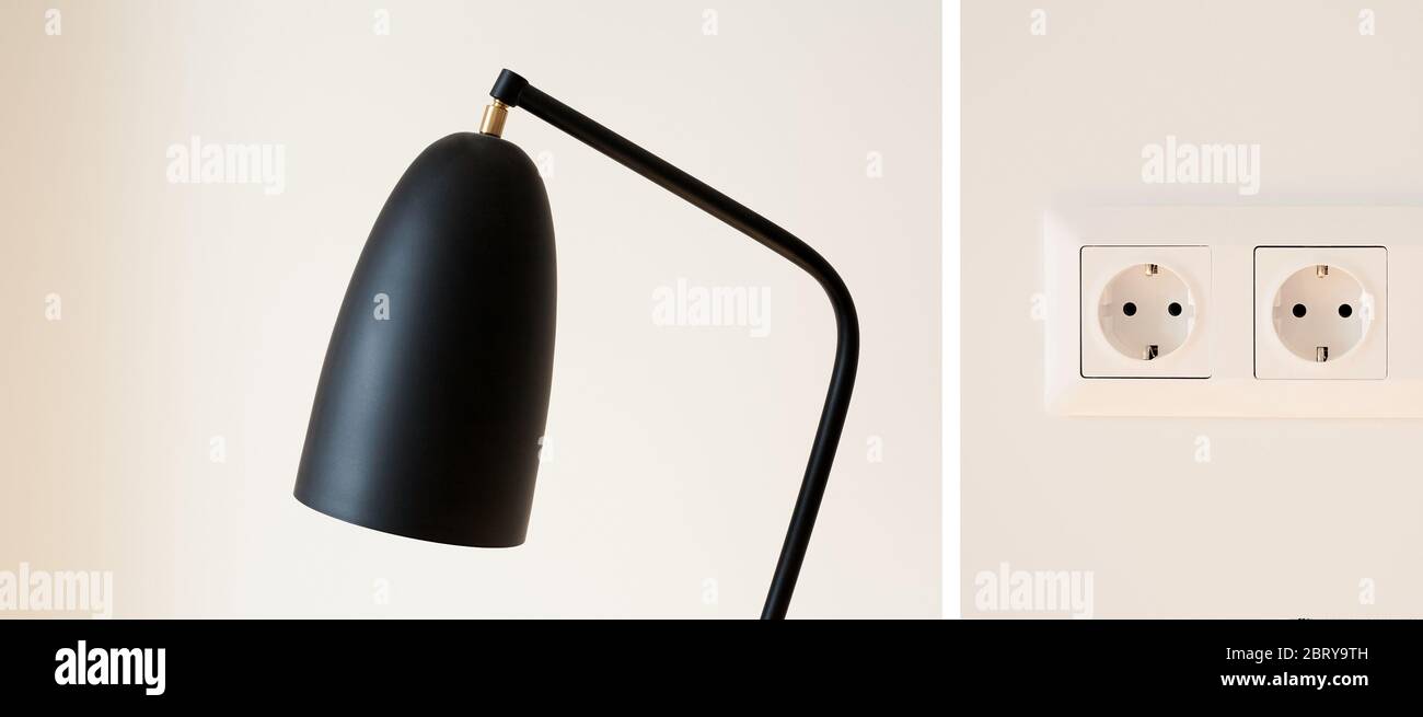 collage of black and modern lamp and power sockets on white wall Stock ...