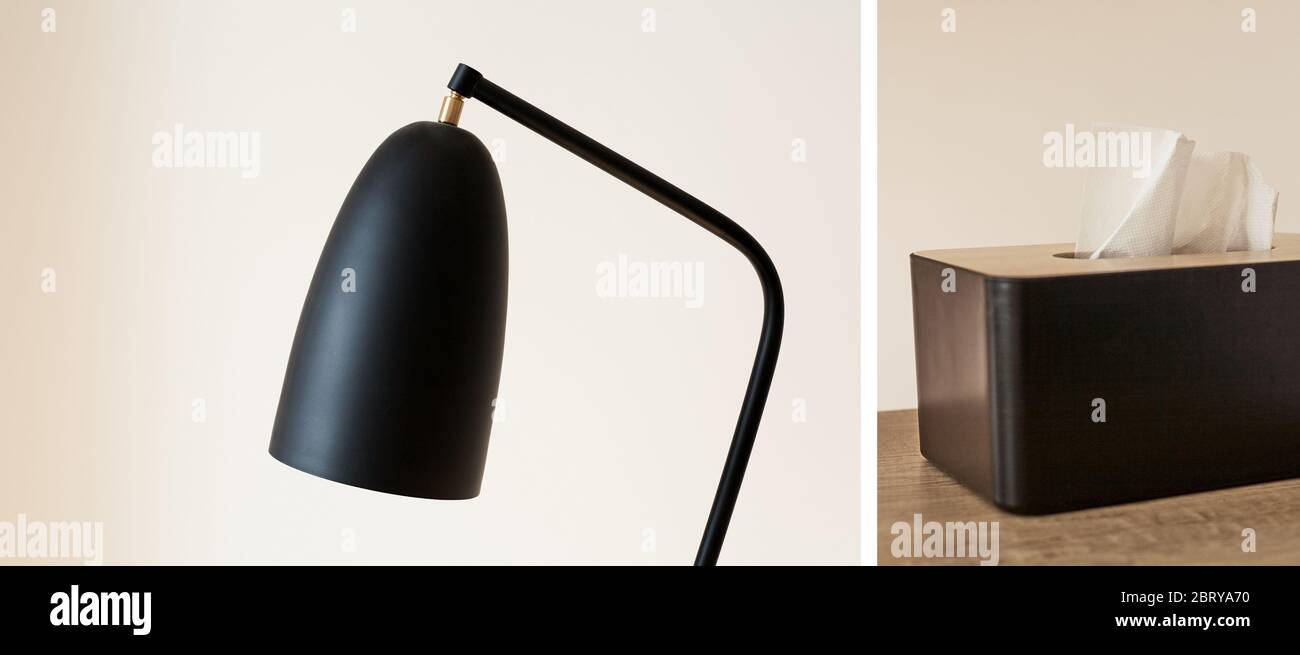 collage of tissue box with napkin on wooden table and modern black lamp ...