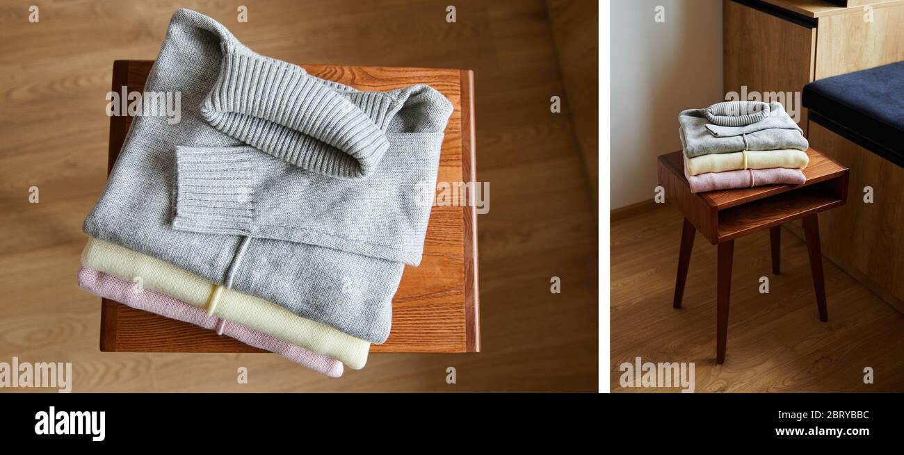 collage of pink, beige and grey knitted soft sweaters on wooden table ...