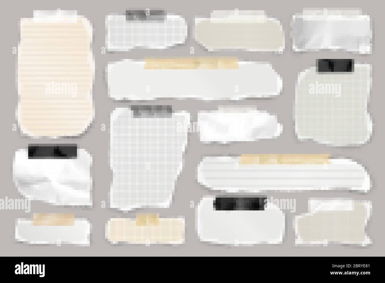 Ripped paper strips with adhesive tape. Realistic crumpled paper scraps ...