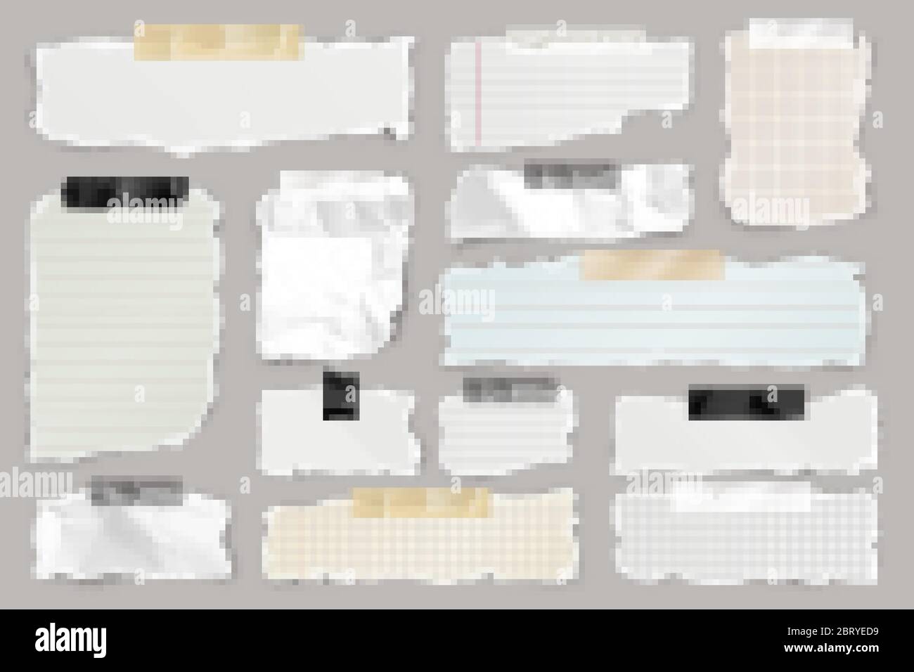 Ripped paper strips with adhesive tape. Realistic crumpled paper scraps with torn edges. Lined ...