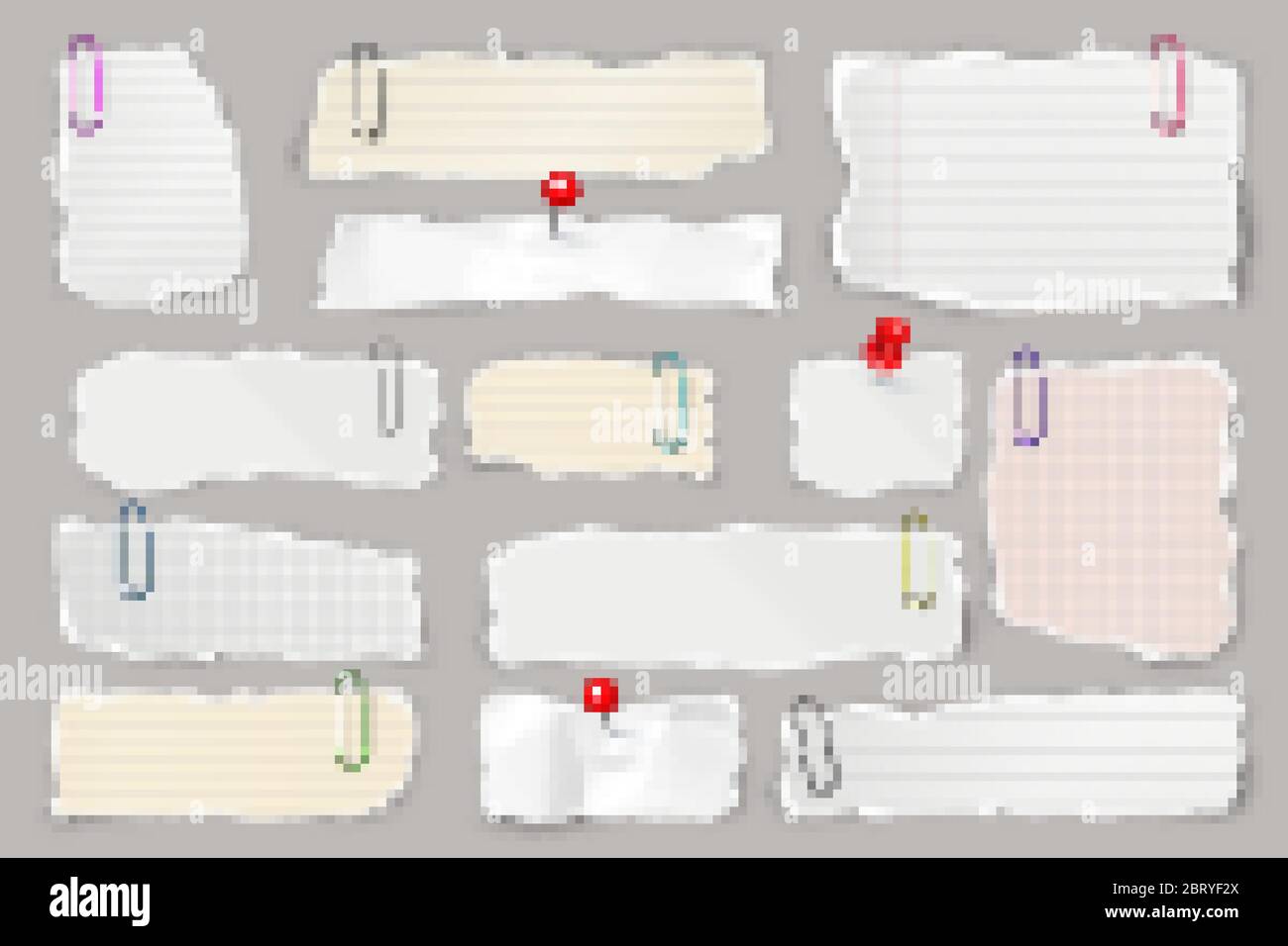 Ripped paper strips with clips. Realistic crumpled paper scraps with ...