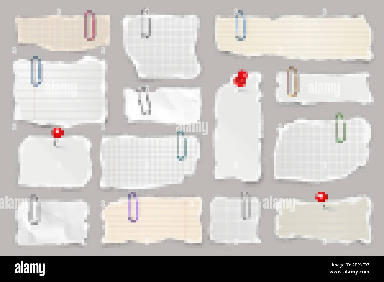 Ripped paper strips with clips. Realistic crumpled paper scraps with ...