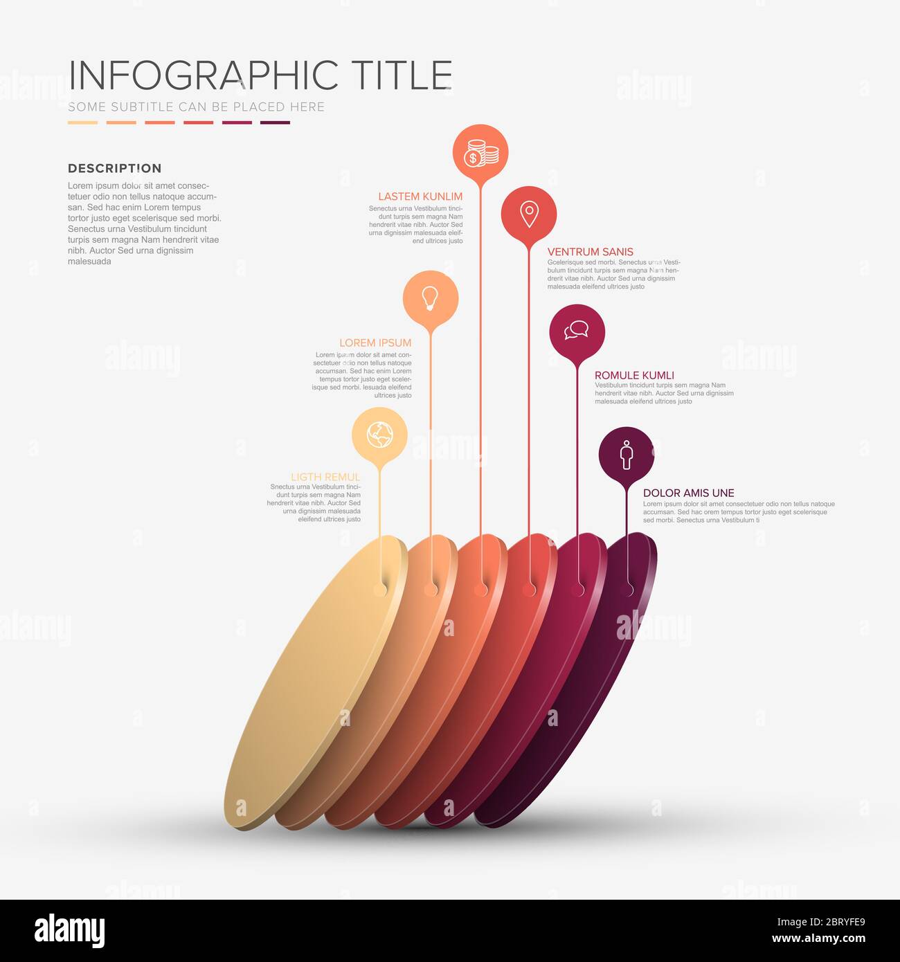 Vector Infographic diagonal circle layers template with six level desks ...