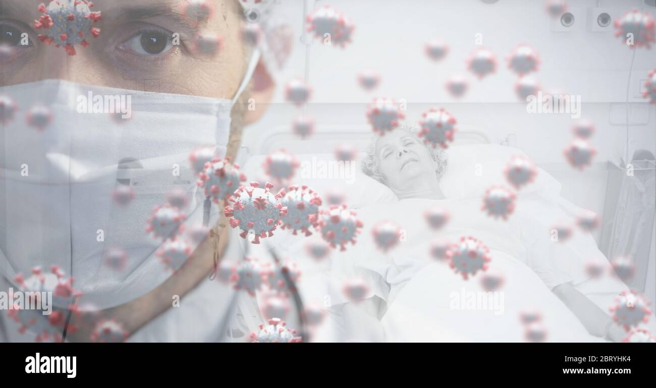 Healthcare worker wearing coronavirus covid19 mask over cells spreading ...