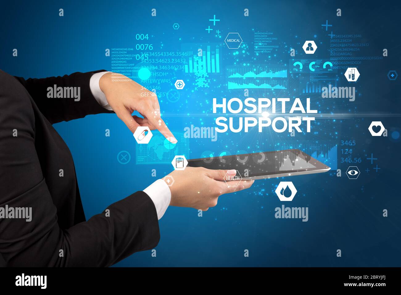Close-up of a touchscreen with HOSPITAL SUPPORT inscription, medical ...