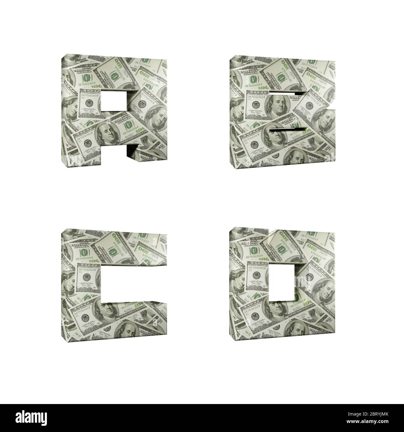 3D rendering of alphabet wrapped around with 100 USD dollar banknotes ...