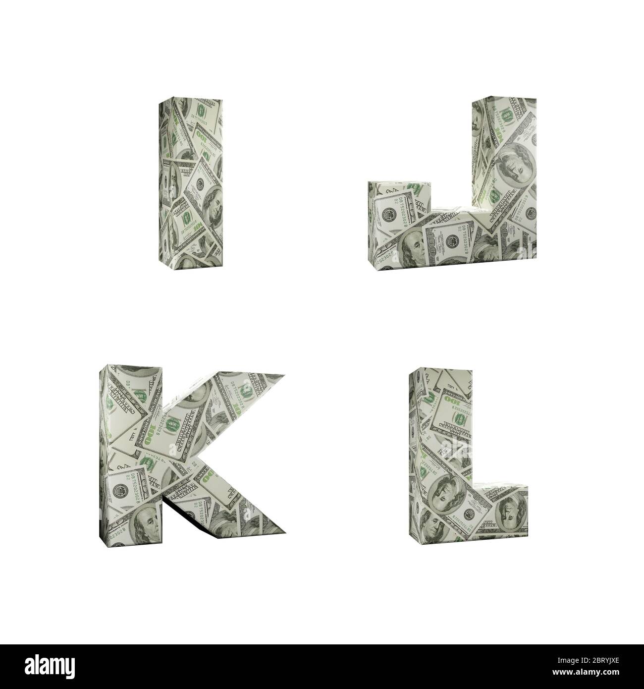 3D rendering of alphabet wrapped around with 100 USD dollar banknotes ...