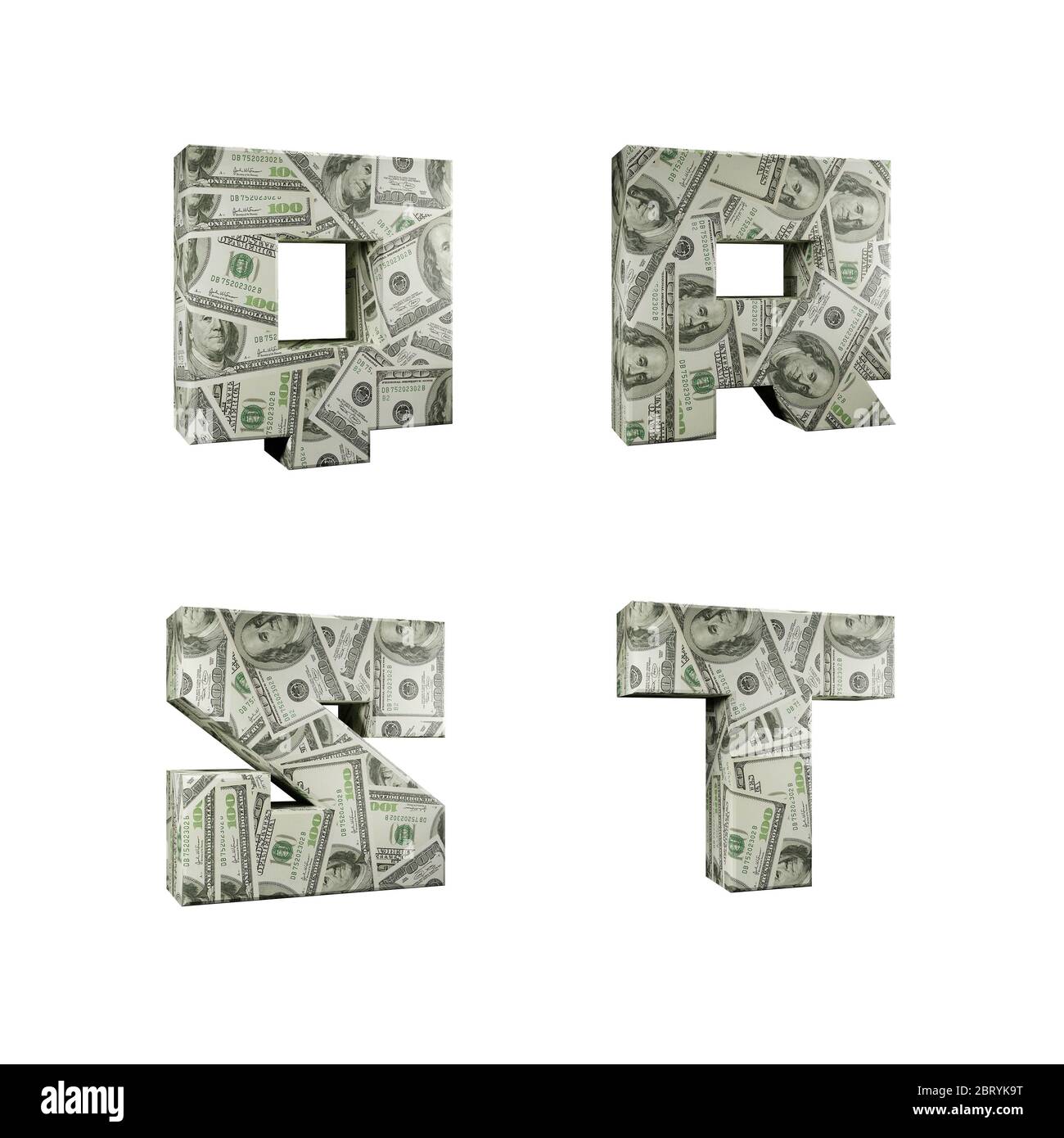 3D rendering of alphabet wrapped around with 100 USD dollar banknotes ...