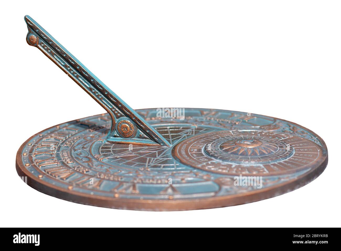 Antique sundial with a beautiful dial and ornament isolated on white ...