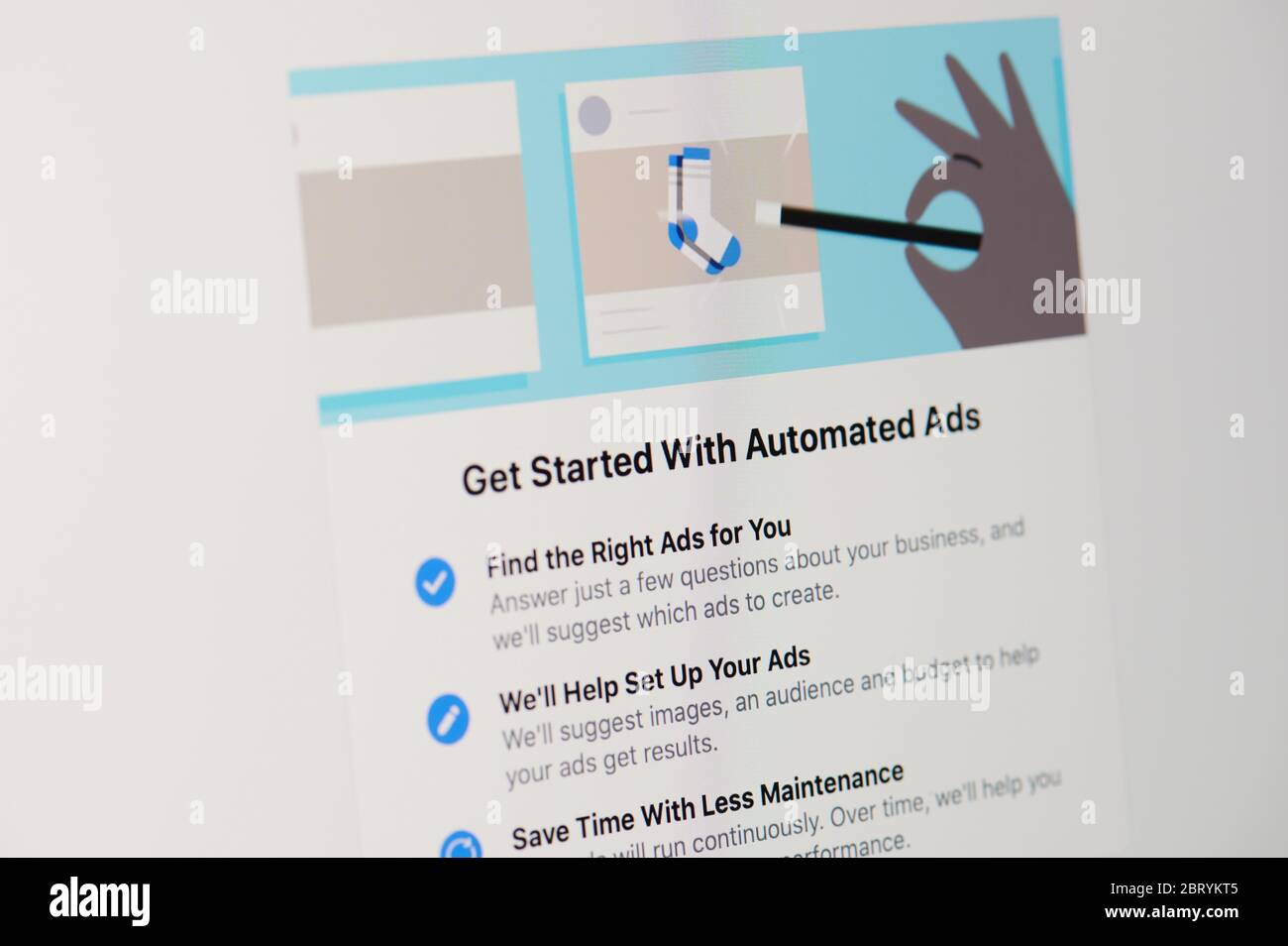New-York , USA - May 22 , 2020: Start automated ads in facebook main ...
