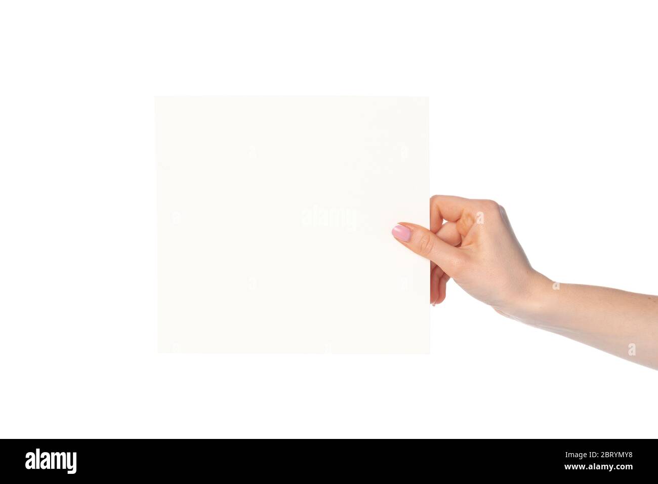 Woman's hand showing white paper banner isolated on white Stock Photo ...