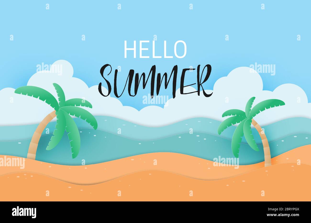 Hello summer with landscape sand and sea poster or banner in paper cut ...