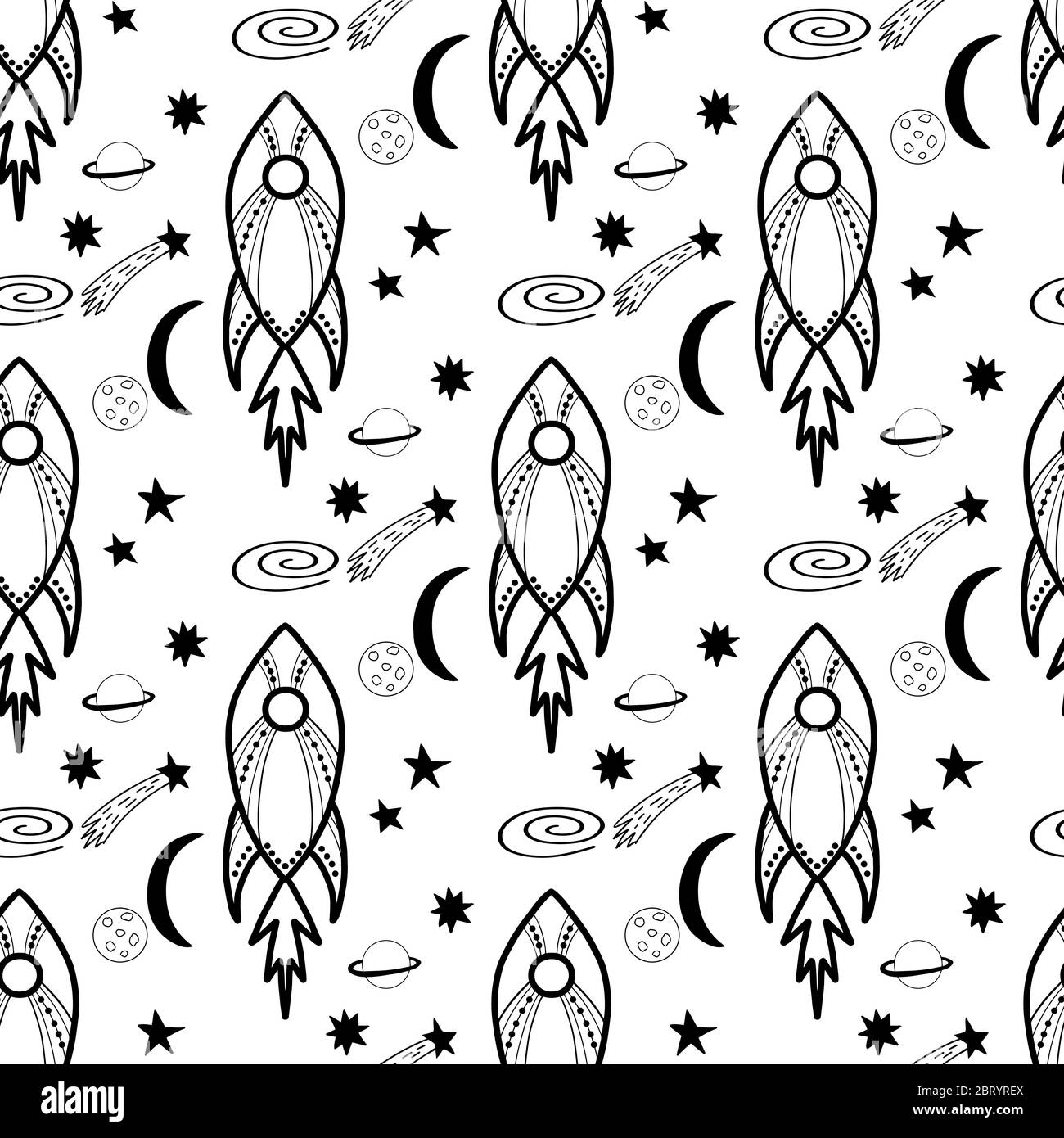 Seamless pattern made with doodle rockets, planets, stars, comets. Isolated on white background ...