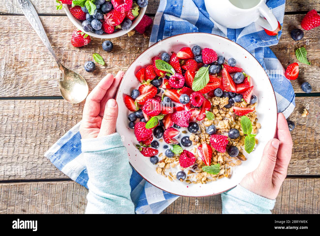 Healthy morning food, Breakfast oatmeal granola or muesli with various ...