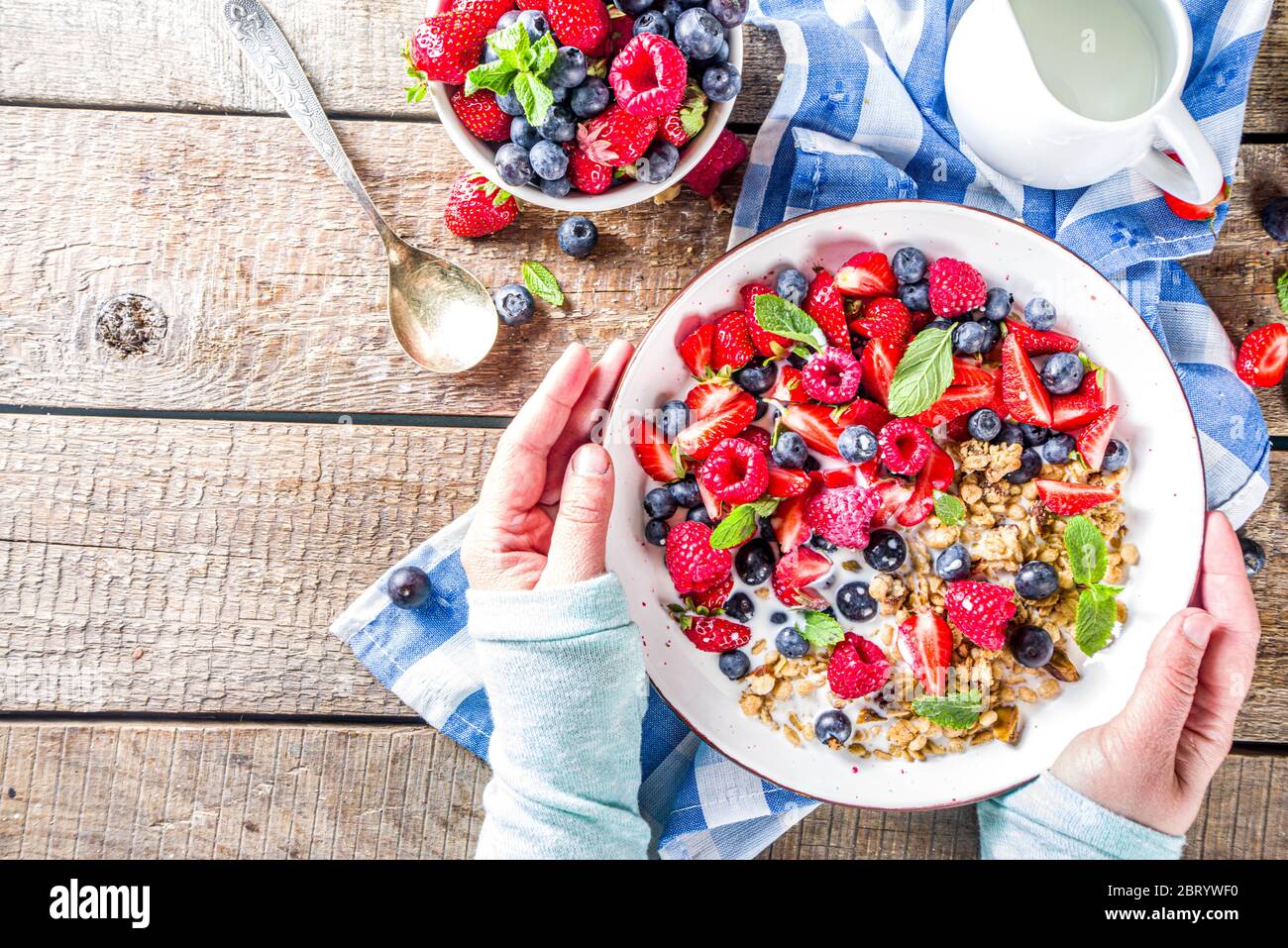 Healthy morning food, Breakfast oatmeal granola or muesli with various ...