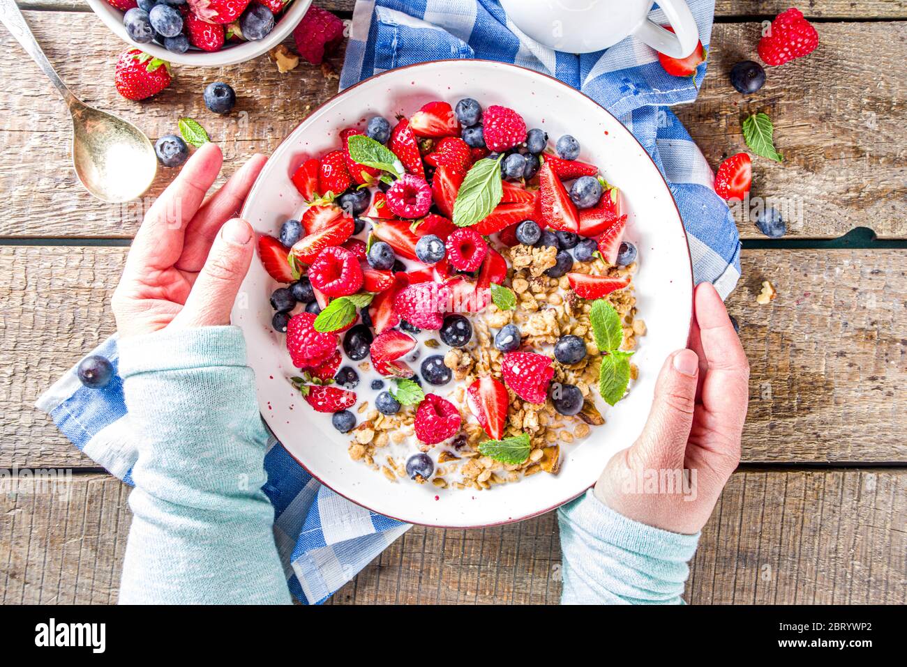 Healthy morning food, Breakfast oatmeal granola or muesli with various ...