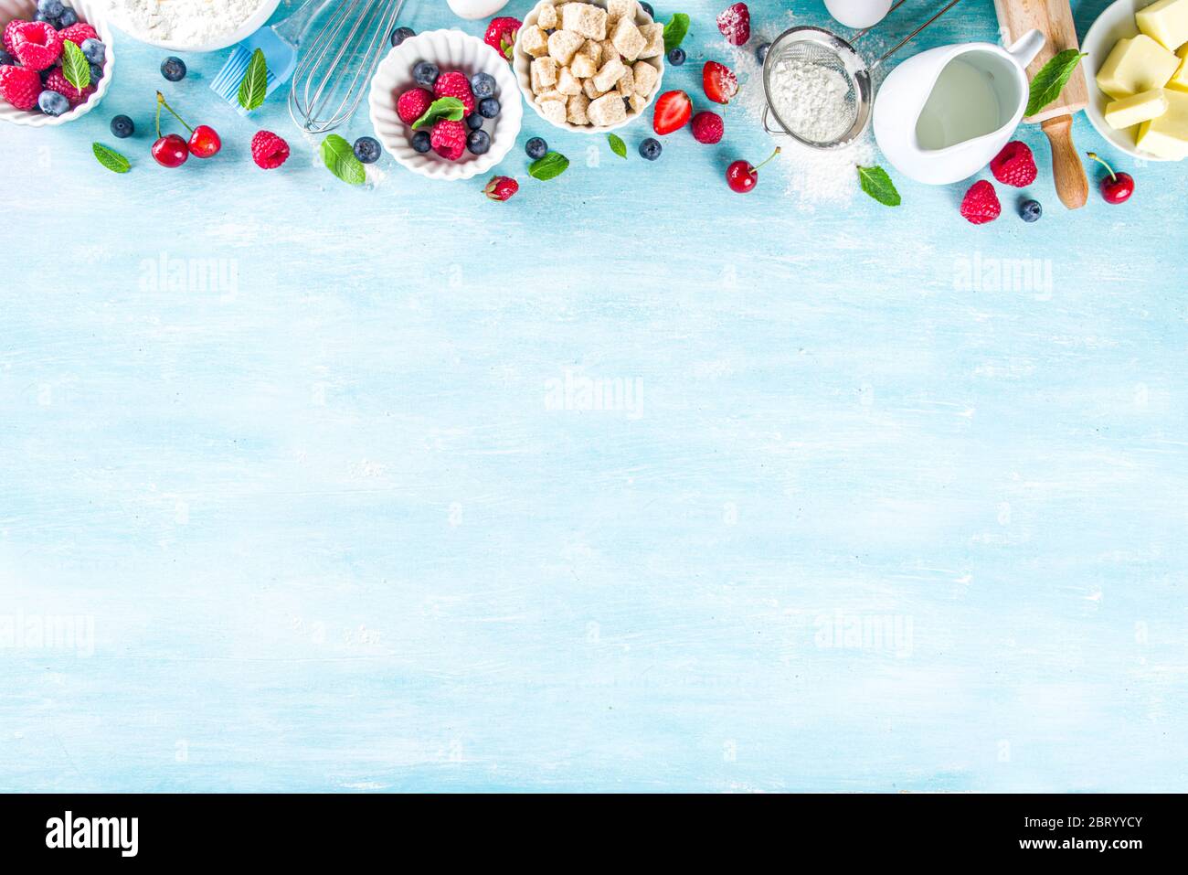 Berry cake baking recipe. Summer cooking baking background with ...