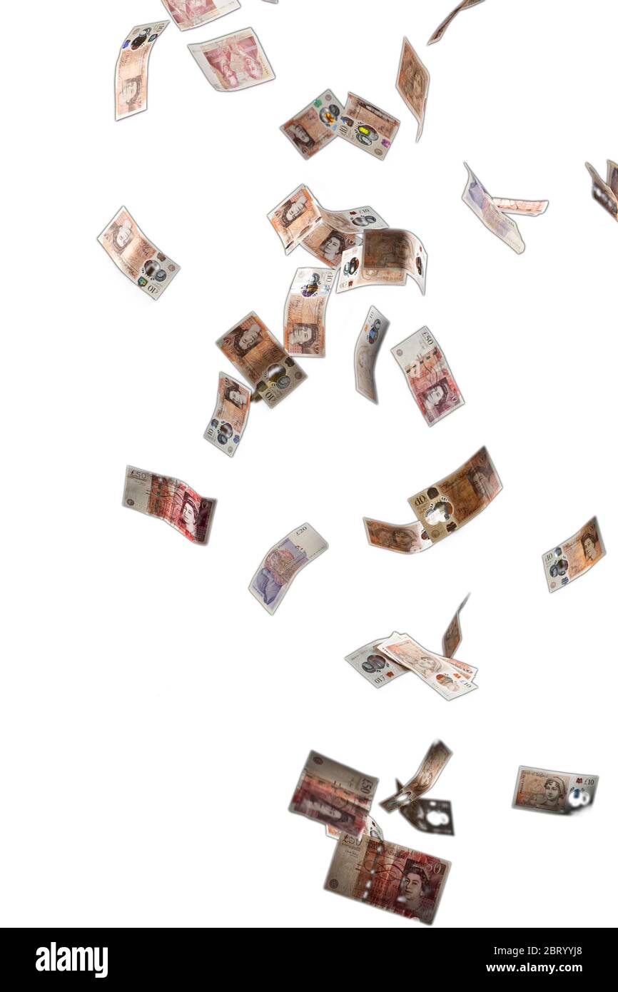 Money falling through the air against a white background, the falling ...