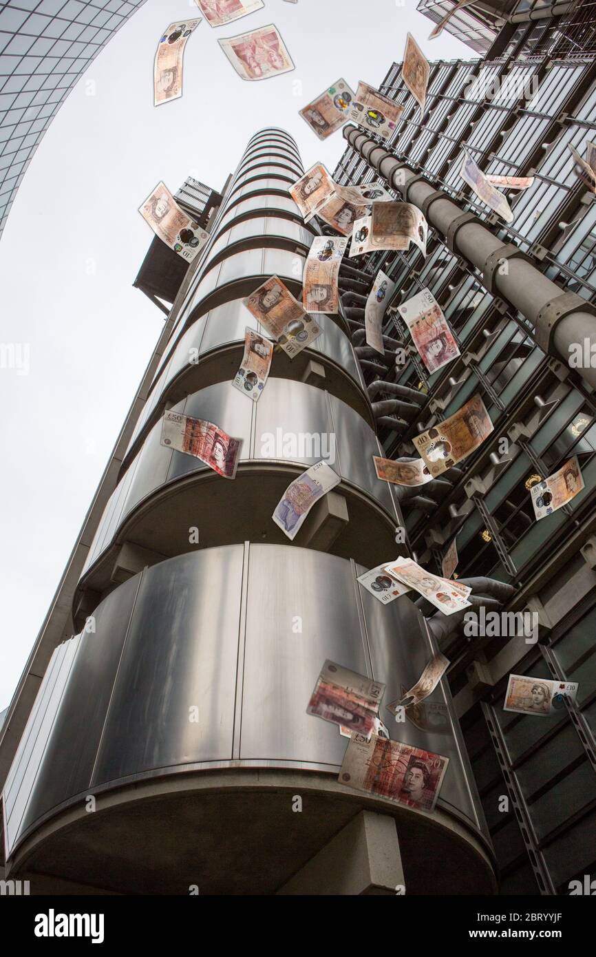 Money falling from the sky outside the Lloyd's of London building ...