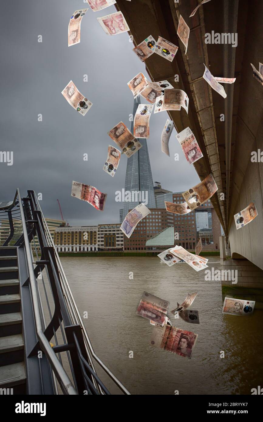 Cash falling through the sky with the Shard and river Thames in the ...