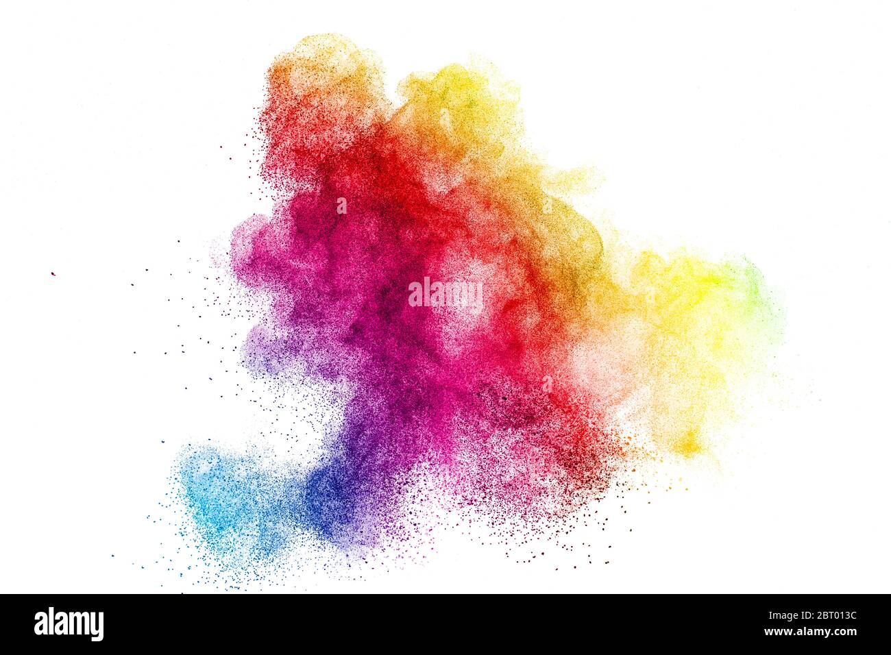 Freeze motion of colorful dust particles on white background.Abstract ...