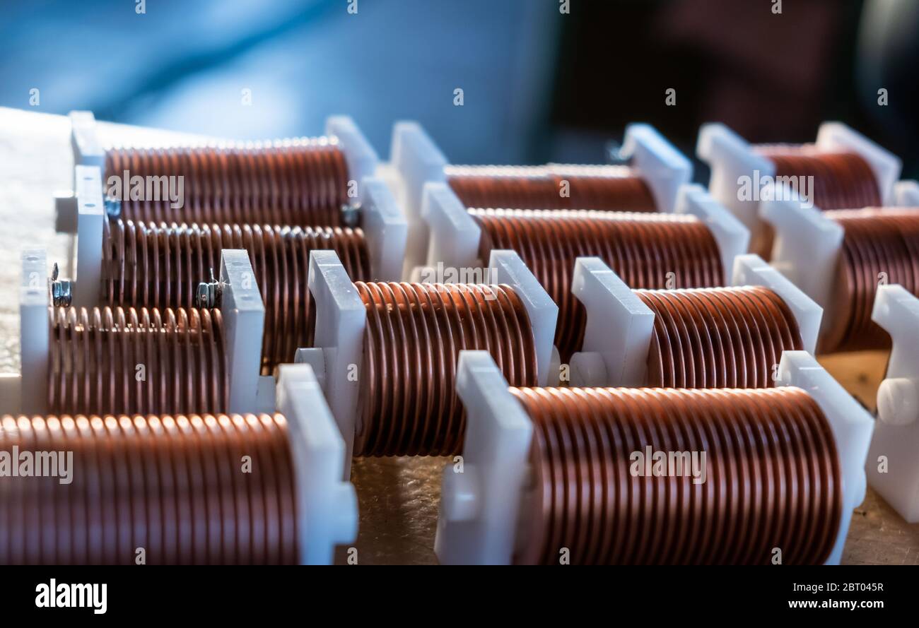 Close-up of high-frequency powerful copper wire on background of ...