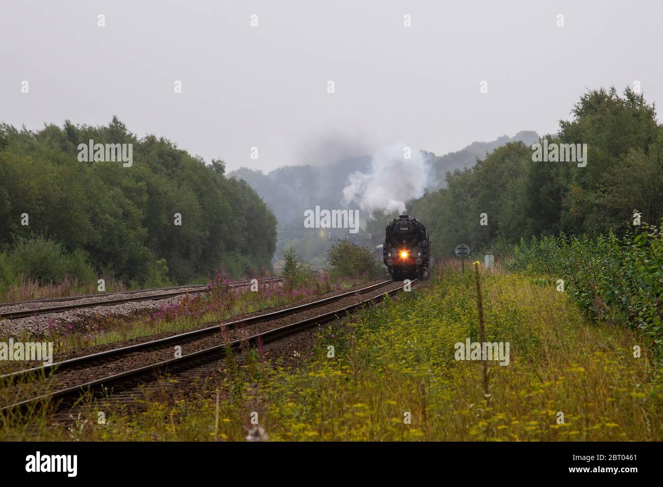 BR Standard Class 7 70013 Oliver Cromwell steam locomotive passing ...