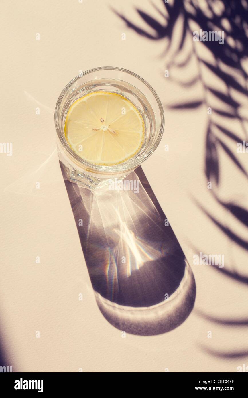 Top view glass of water with lemon slices on beige background with ...