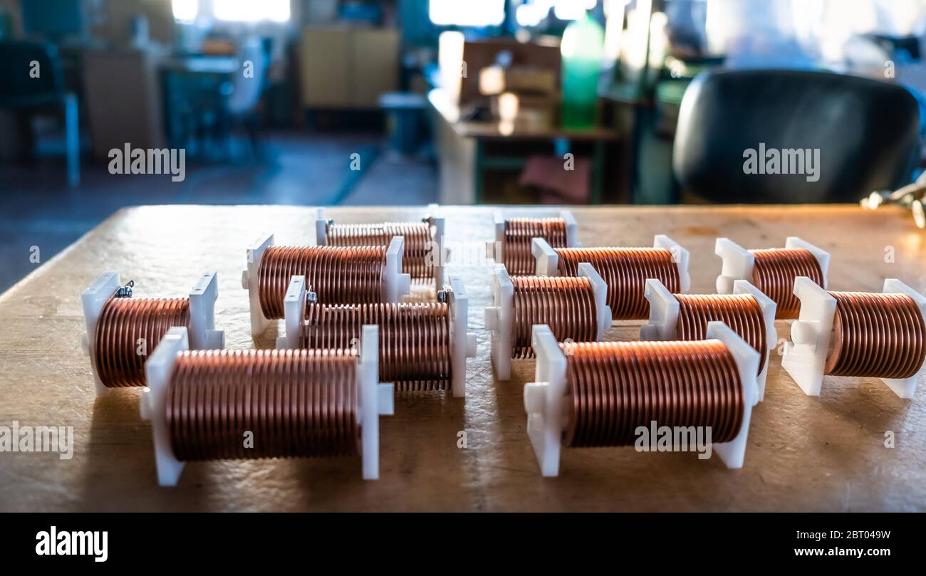Close-up of high-frequency powerful copper wire on background of ...