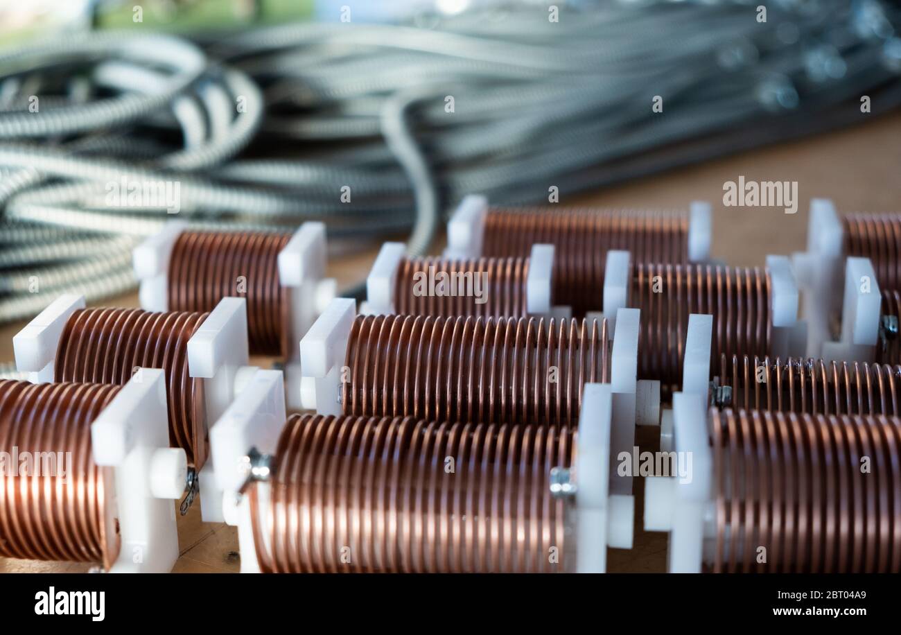 Close-up of high-frequency powerful copper wire on background of ...