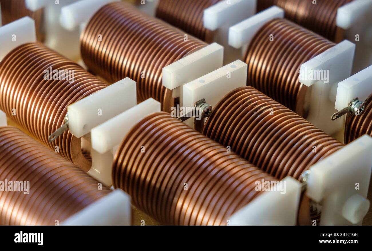 Close-up of high-frequency powerful copper wire on background of ...