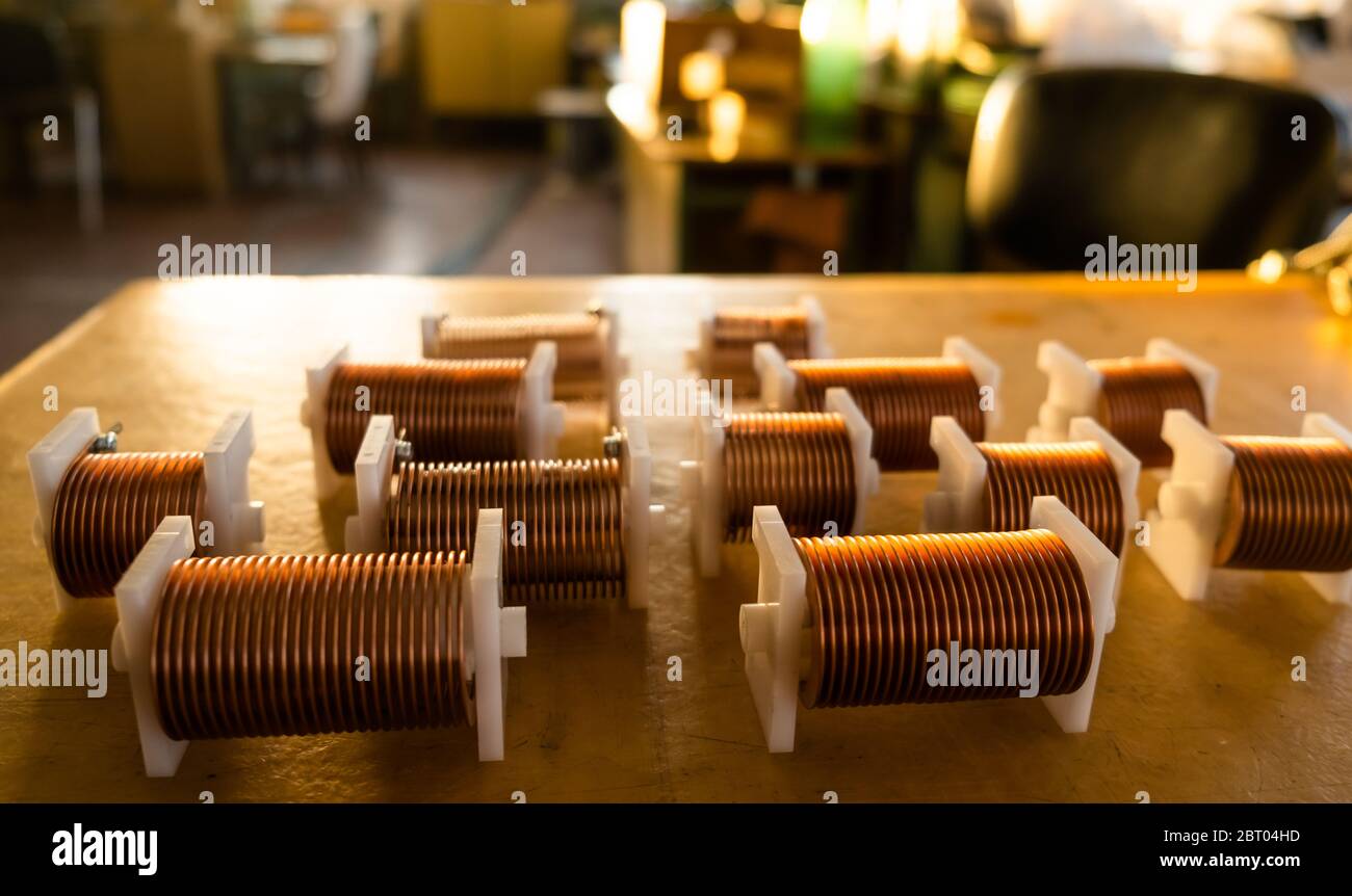 Close-up of high-frequency powerful copper wire on background of ...
