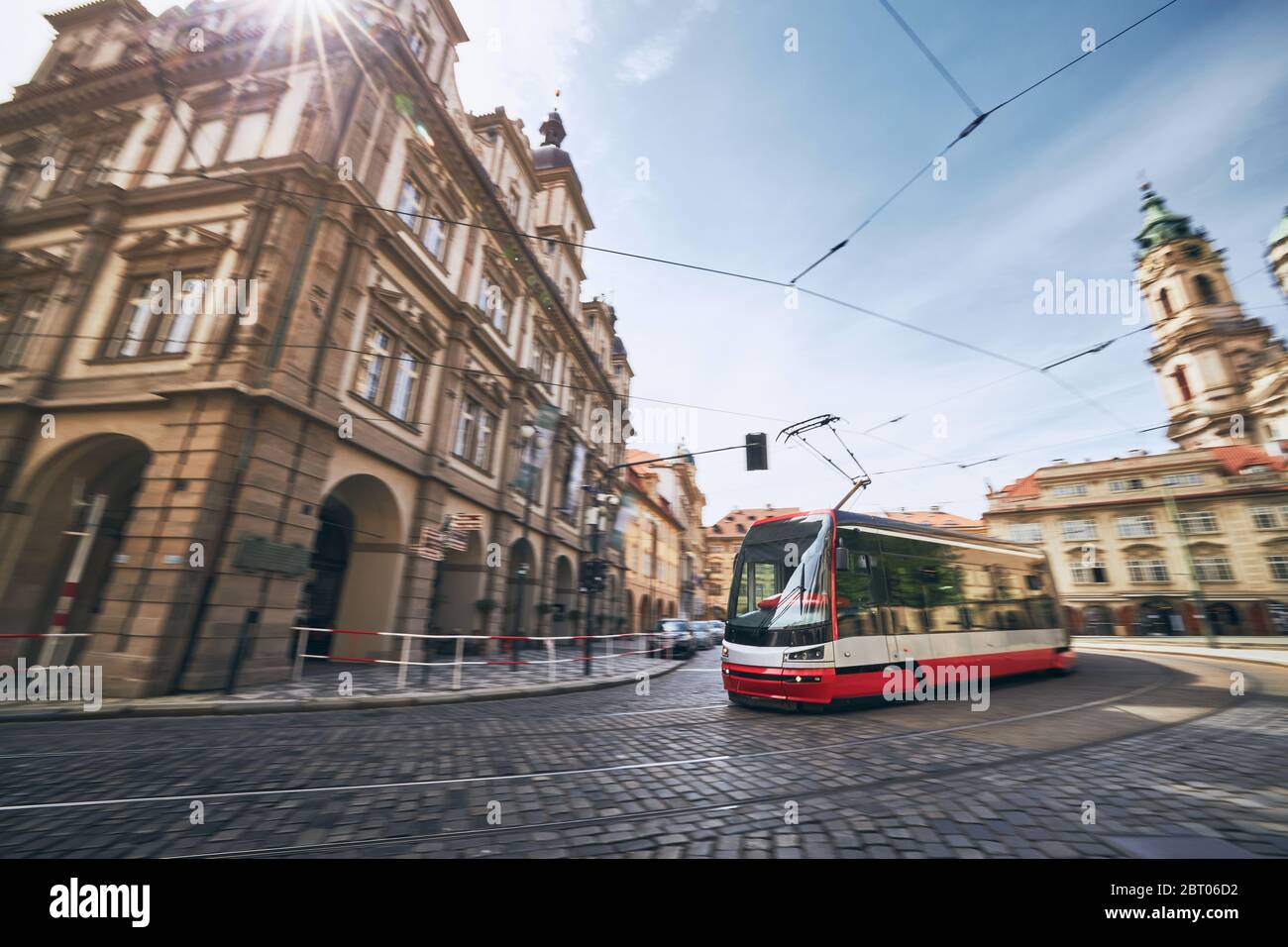 Daily life in city. Modern tram of public transportation in blurred ...