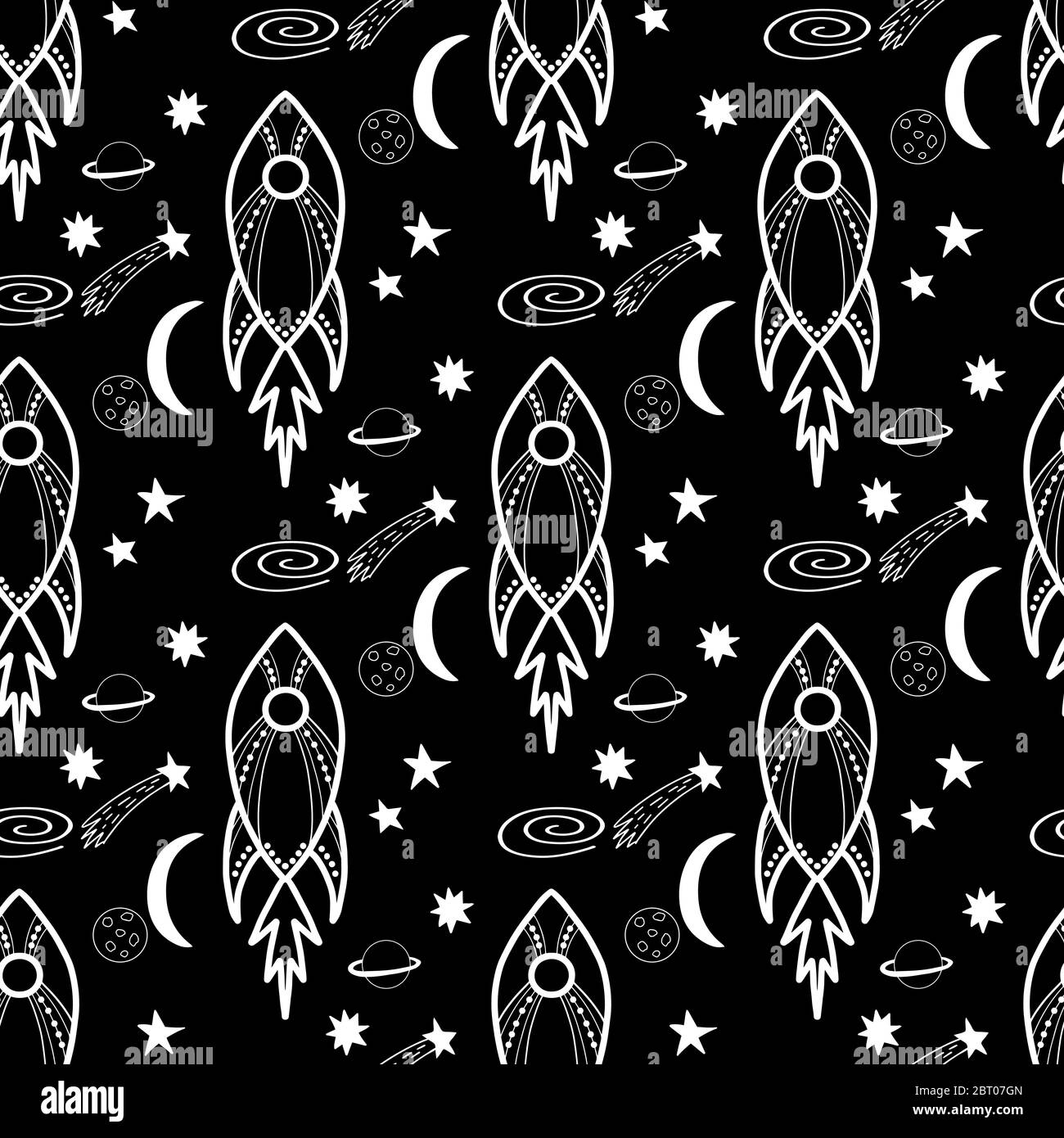 Seamless pattern made with doodle rockets, planets, stars, comets ...