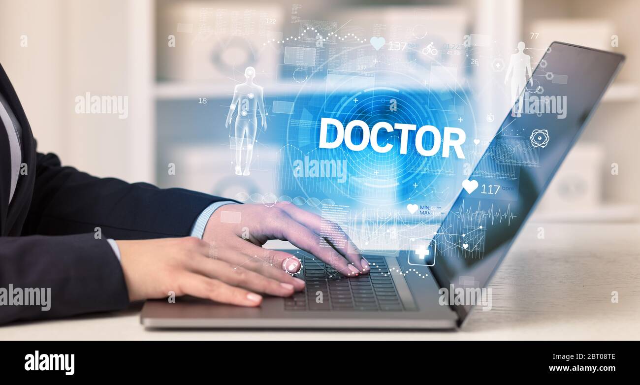 Doctor working a health check with DOCTOR inscription, recording ...