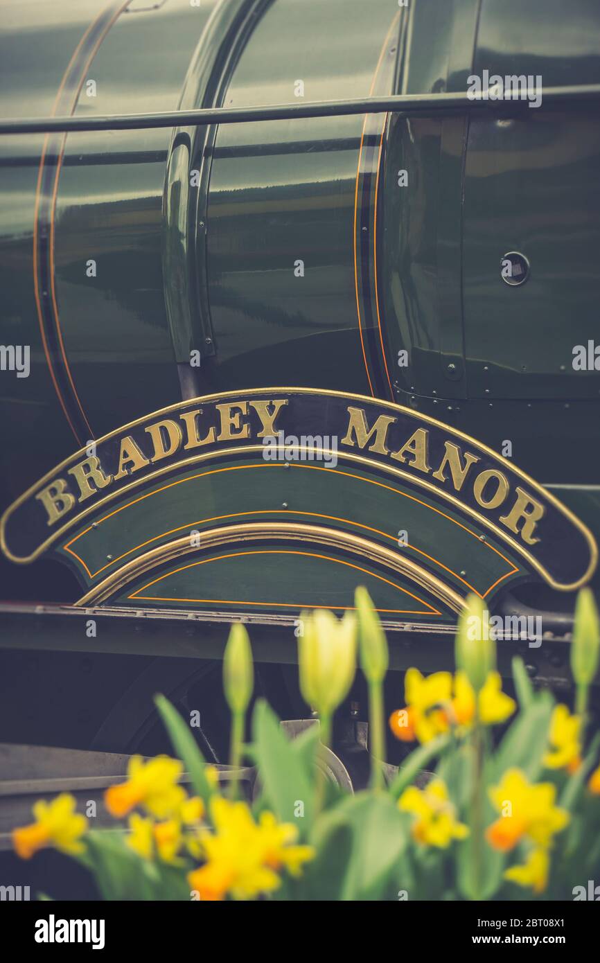 Close up of Bradley Manor steam locomotive nameplate, Severn Valley ...