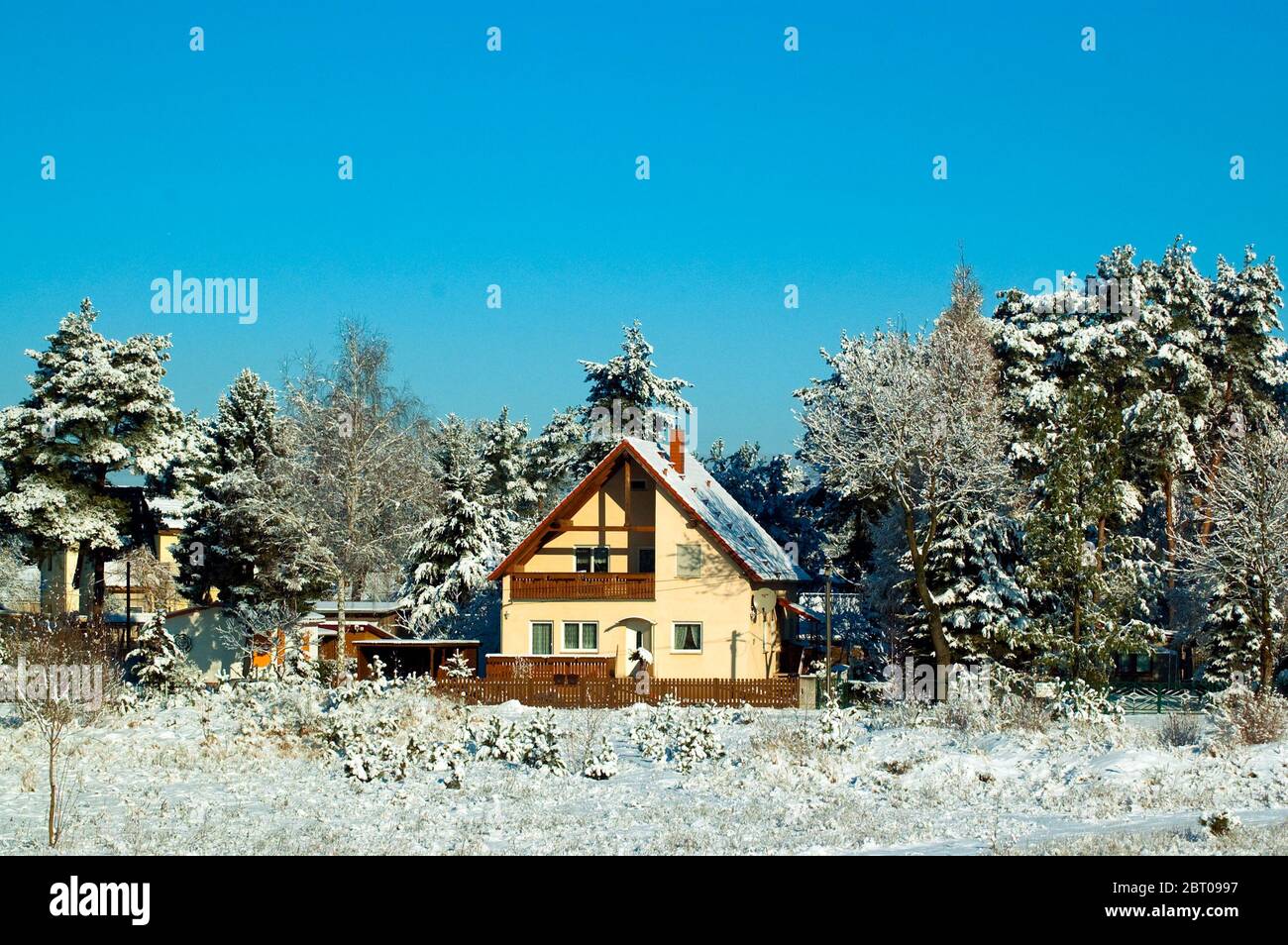 blue house building tree trees winter firmament sky snow forest blue ...