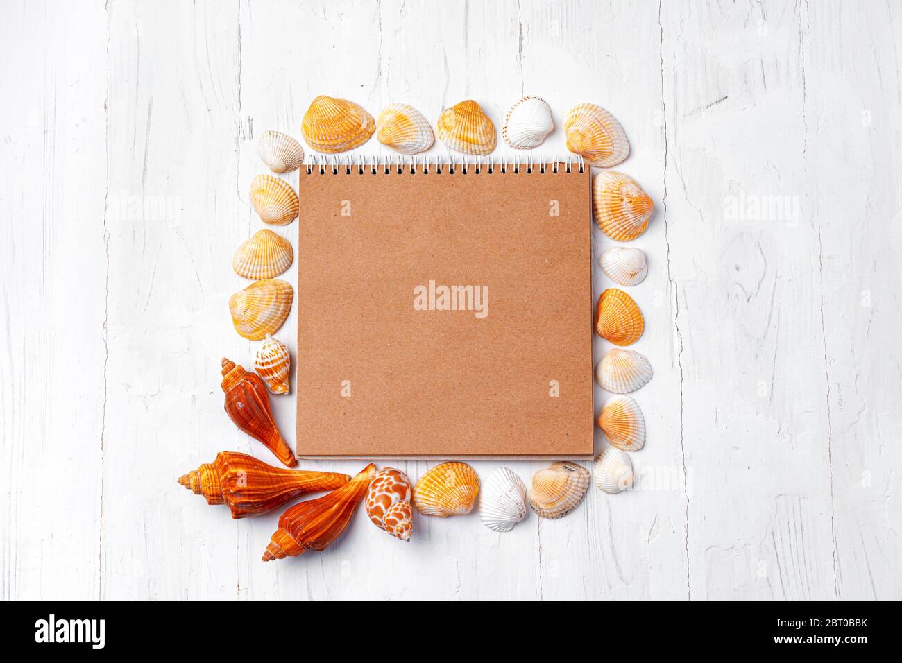 Open notepad with sea shells on white wooden background Stock Photo - Alamy