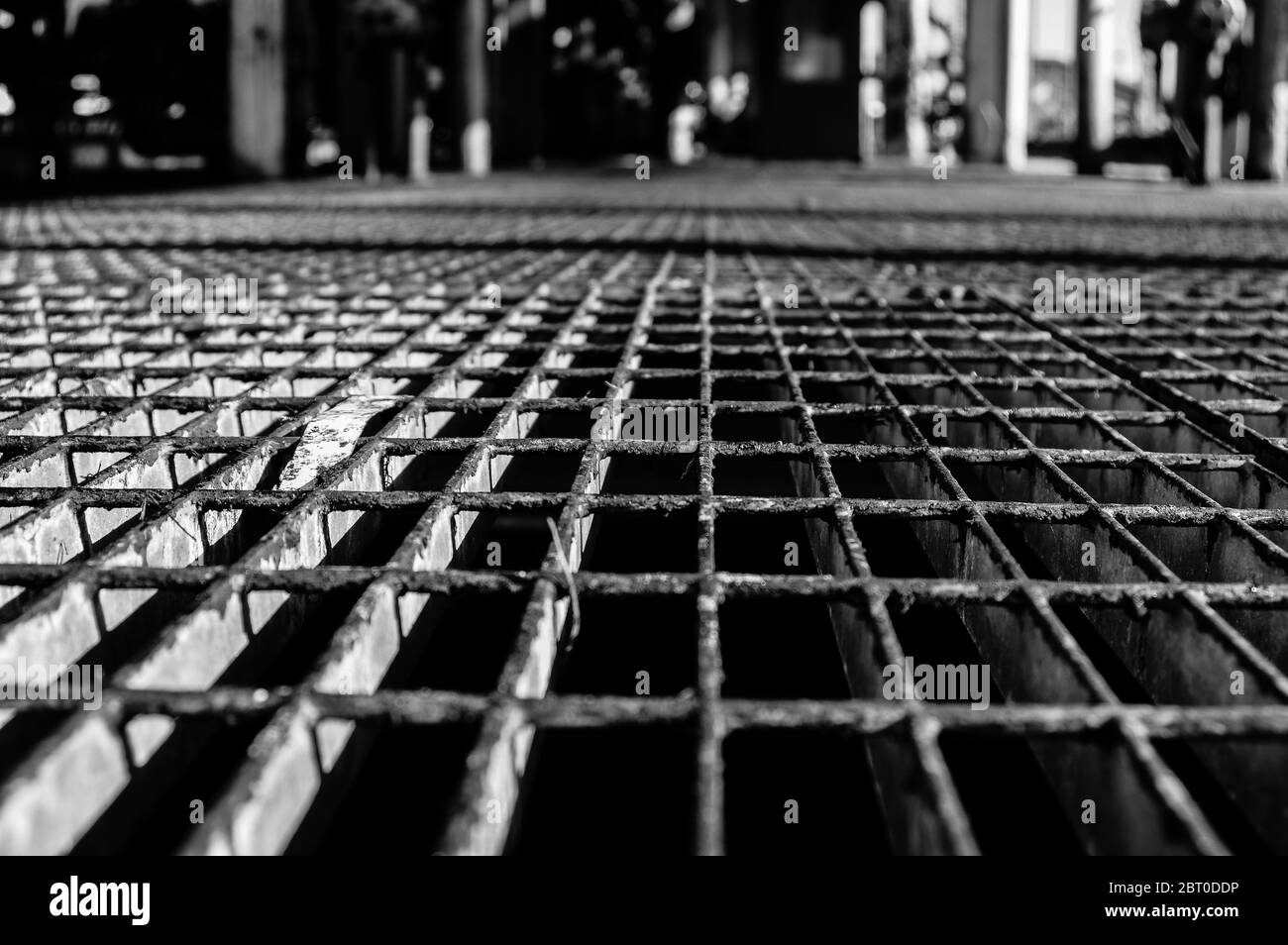Metal industrial grid on the floor metal handrails hi-res stock ...